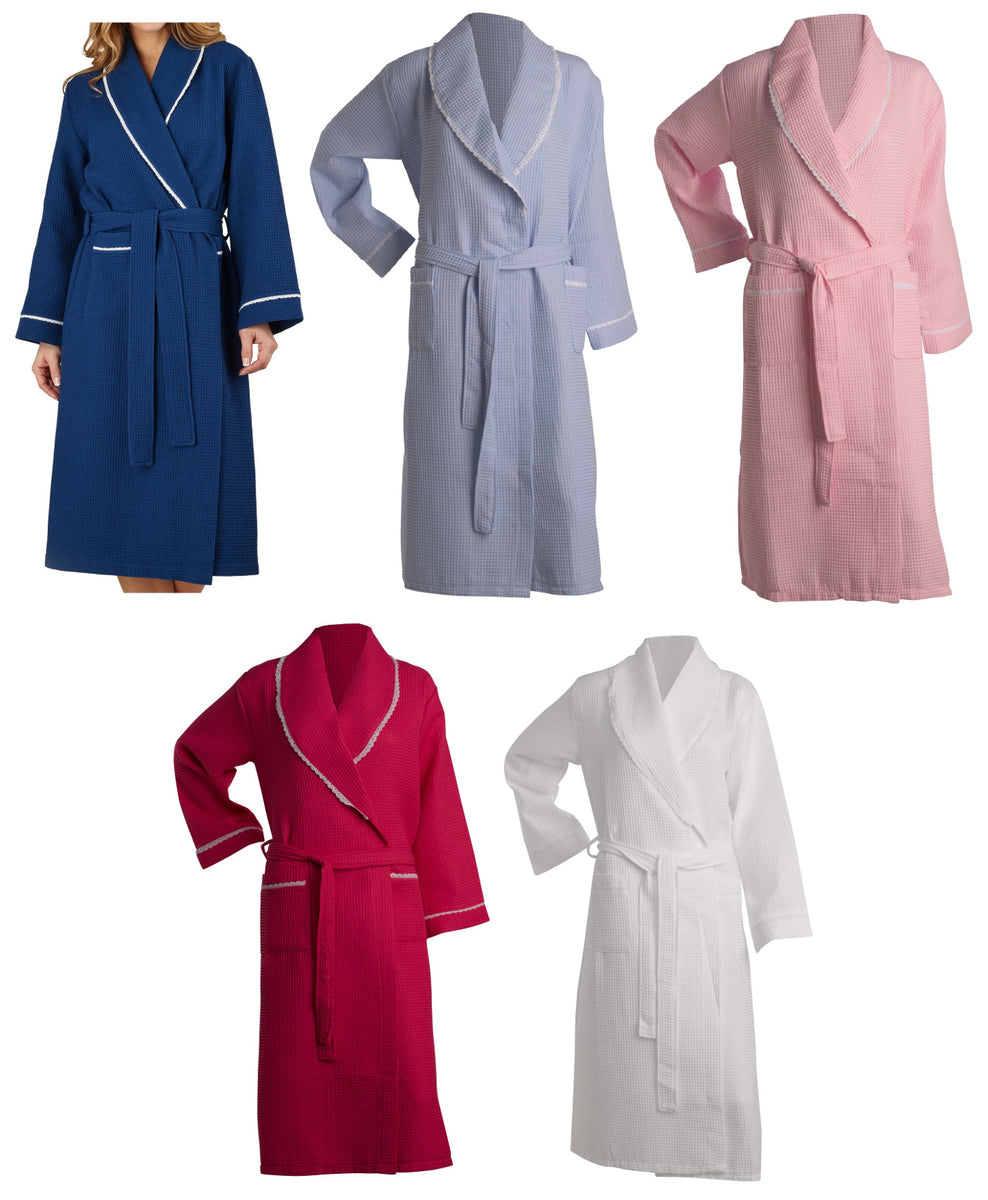 Slenderella Ladies Lightweight Waffle Robe with Lace Trim (5 Colours ...